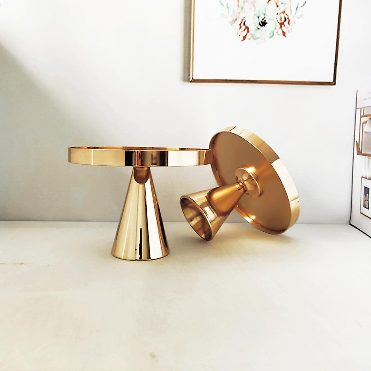 2Pcs 8 Inches 20cm Gold Round Mirror Cake Stand Cupcake Stands Metal Pedestal Holder, Party Dessert Cheese Display Plate for Wedding Party Birthday Baby Shower Celebration Home Decor