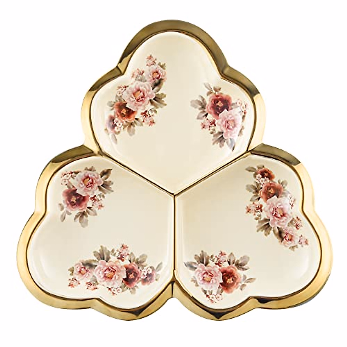 fanquare 3 Compartment Platter, Gold Porcelain Appetizer Serving Tray, Floral Ceramic Divided Serving Plate for Fruit, Candy, Nuts