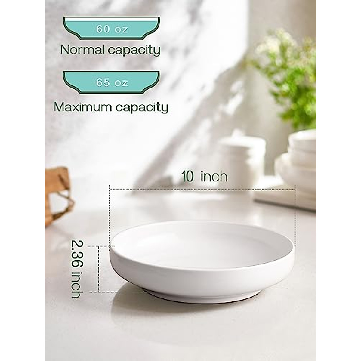 DOWAN Pasta Bowls, 65 oz Large Salad Bowls, 10'' White Serving Bowls Set of 2, Ceramic Shallow Bowl Plates, Serving Dishes for Soup Salad Pasta Vegetable Fruit Prep, Microwave Dishwasher Safe