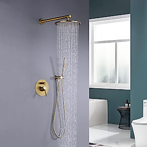 TRUSTMI 12 inch Round Bathroom Luxury Rain Mixer Combo Set Wall Mounted Rainfall Shower Head System Brushed Gold, (Contain Faucet Rough-in Valve Body and Trim)