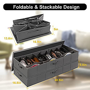 HOUSE AGAIN Under Bed Shoe Storage Organizer with Lid, Foldable Shoes Storage Bin Set of 2, Stackable Underbed Storage Containers with 2 Handles, Fits Total 22 Pairs, Dark Grey