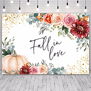 Sendy 7x5ft Fall in Love Backdrop Autumn Pumpkin Flowers Photography Background Wedding Anniversary Love Engagement Bridal Shower Party Decorations Banner Photo Props