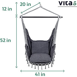 VITA5 Hanging Chair Outdoor & Indoor- Sturdy & Safe Hammock Chair - Stylish Boho Hanging Chair for Bedroom Decor - Easy to Assemble Hammock Swing - Comfy Padded Hanging Swing - Swinging Chair