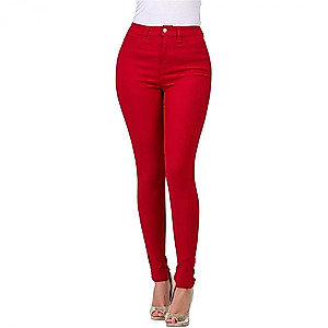 WUAI-Women Capri Jeggings High Wasit Pull-On Stretchy Slim Fit Skinny Jeans Denim Pants Slimming Leggings with Pockets(Red,Medium)