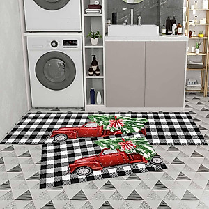 Christmas Kitchen Rugs and Mats 2 PCS Red Truck Xmas Tree Black White Buffalo Check Kitchen Mats for Floor, Farmhouse Non-Slip Rugs with Runner for Kitchen,Office,Sink,Laundry 15.7"x23.6"+15.7"x47.2"