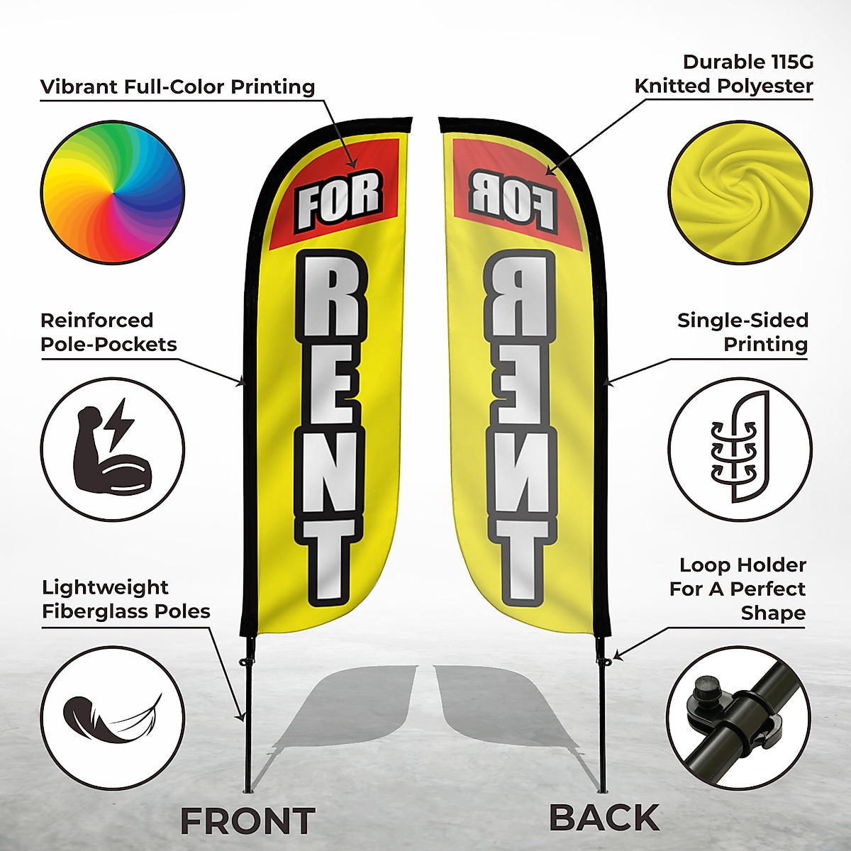 LookOurWay Feather Flag Pole Kit - 7 Feet Tall Advertising Banner with Fiberglass Pole Set and Ground Spike for Business Promotion - Real Estate Flags - For Rent