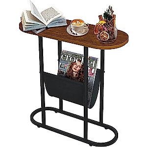 graffitimaster Oval Narrow Side Table with Magazine Sling Holder Pouch, Slim End Table with Metal Frame for Living Room Bedside Bedroom Couch Small Spaces, Retro Wood Grain Finish