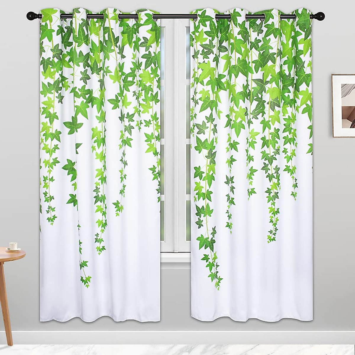 QiyI Green Ivy Plants Window Curtain Panels, Garden Foliage Creepers on White 2 Panels Blackout Curtains for Living Room Bedroom, Nursery Full Light Blocking Door Window Treatment Drapes 52 x 84 Inch