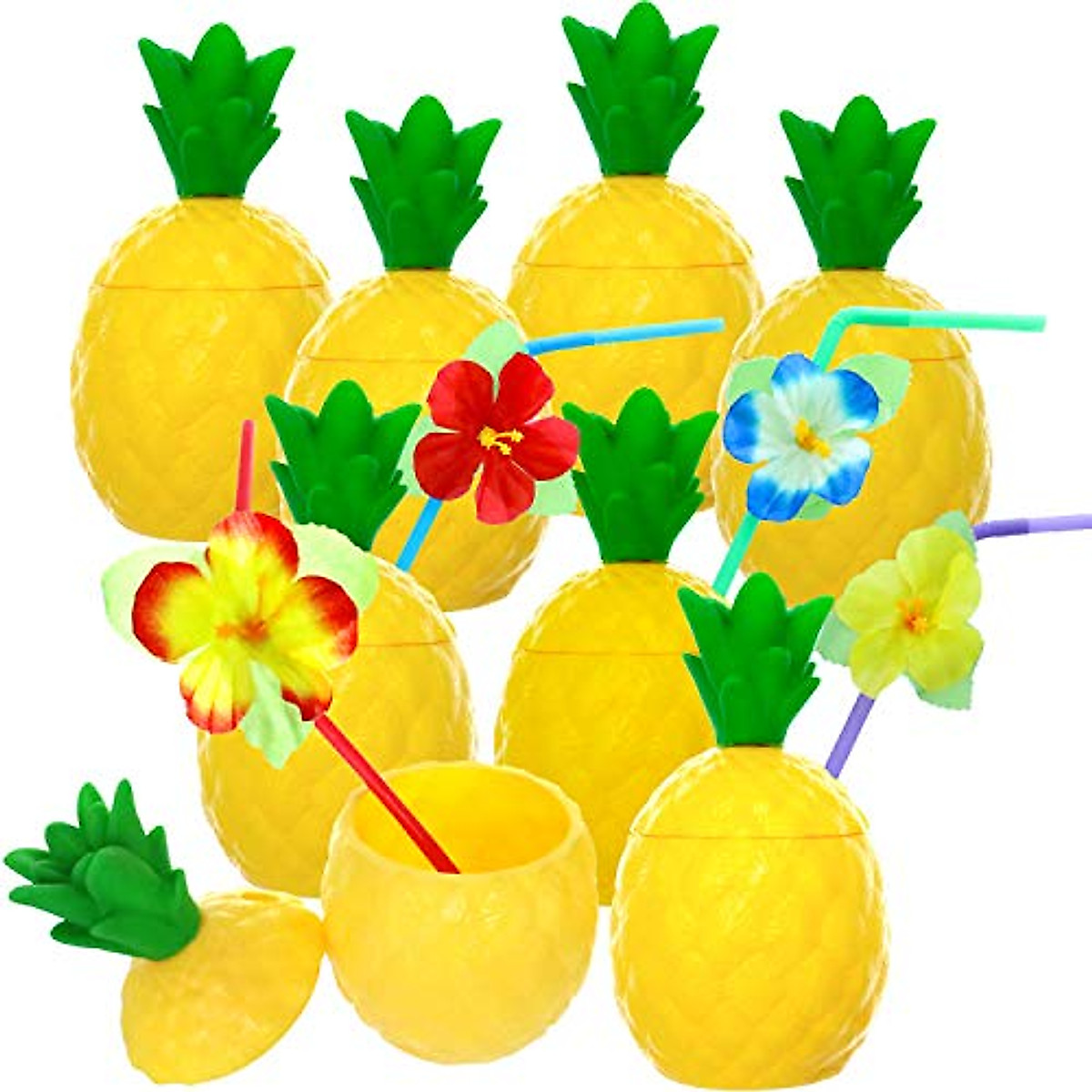 GiftExpress 12-pack Plastic Pineapple Cups with Lids and Hibiscus Straws, Hawaiian Party Cups Luau Aloha Party Favor (12)