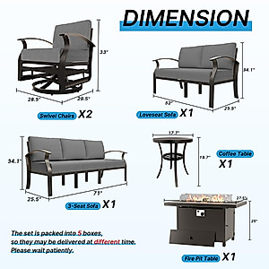 Gotland 7-Seater Outdoor Metal Patio Furniture Set with 2 Swivel Rocking Chairs & 55,000 BTU Gas Fire Pit Table with Glass Wind Guard - Patio Conversation Sectional Sofa Sets in Grey