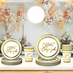 Engagement Party Decorations Set Serve 25,Just Engaged Plates and Cups Decorations,We’re Engaged Decorations,Happy Engagement Party Decorations,DZ Bridal Shower Wedding Party Decorations(Gold Foil)