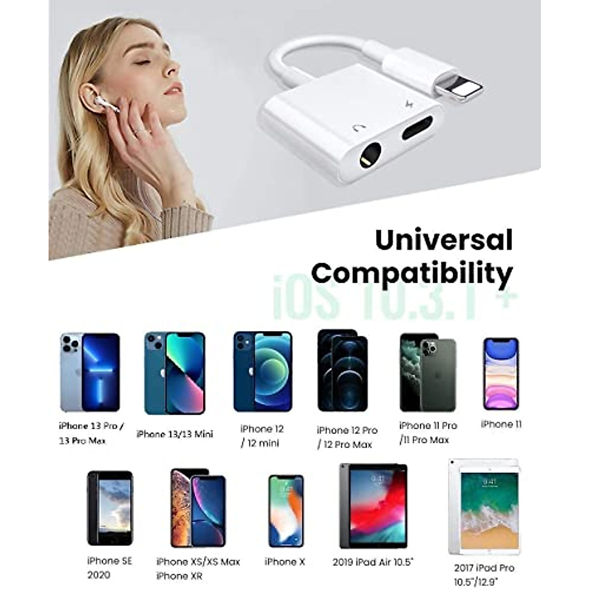 [Apple MFi Certified] Lightning to 3.5 mm Headphone Jack Adapter, 2 in 1 Lightning to 3.5mm AUX Audio + Charger Splitter Compatible with iPhone 13/12/11/XS/XR/X 8/ Support All iOS&Volume Control