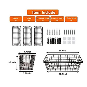 Joben Oligey 6 Set (2 SIZE) Hanging Wire Baskets ,Wall Mount Fruit Basket,No Drilling,Adhesive Metal Basket,Farmhouse Food Storage Mesh Bin Kitchen Pantry Laundry Bathroom Closet Garage RV ,Black