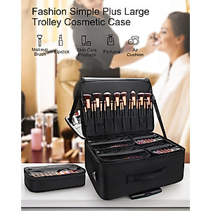 MONSTINA Rolling Makeup Train Case,Trolley Cosmetic Case,3-Layer Cosmetic Organizer,Extra Large Makeup Travel Bag for Hairstylist, Trolley Travel Hairdressing Case with Adjustable Divider(Black)