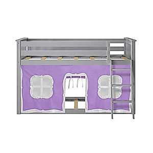 Max & Lily Low Bunk Bed, Twin-Over-Twin Bed Frame For Kids With Curtains For Bottom, Grey/Purple