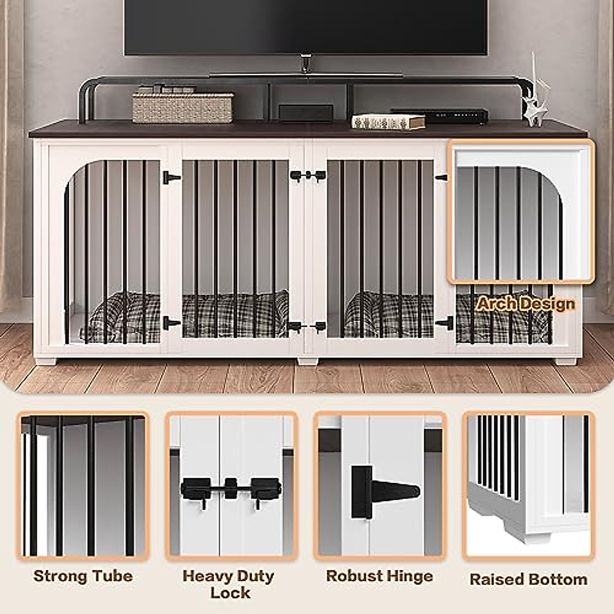 Large Dog Kennel Furniture for 2 Dogs,74.8'' XXL Wooden Double Dog Crates Cage Furniture Style with Divider for Large Breed with Storage Rack Shelf TV Stand Table Indoor,White
