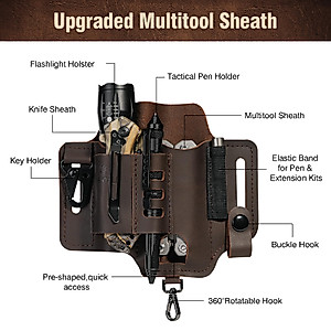 Multitool Sheath for Belt, Leather EDC Pocket Organizer with 3 Hooks, Flashlight Holster, Pen & Keys Holder, Knife Sheath for Daily & Outdoor Use, EDC Tool Pouch for Men, Brown