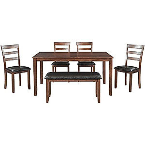 ODC 6-Piece Dining Set, Wooden Rectangular Kitchen Table with Bench and 4 Padded Chairs w/Fabric Cushion, Family Furniture for Six People, 7-Espresso