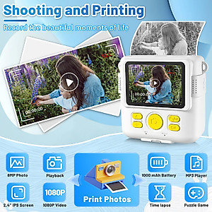 Instant Print Camera for Kids with 3 Rolls of Printer Paper, 1080P Toddler Digital Camera Toys for Age 3-12 with 32GB SD Card, Christmas & Birthday Gifts for 3 4 5 6 7 8 Year Old Girls & Boys (White)