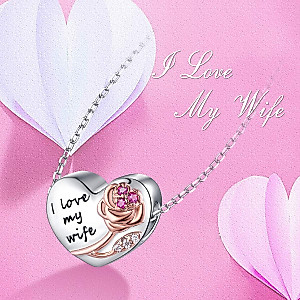 FOREVER QUEEN 925 Sterling Silver I Love My Wife Heart Love with 3D Rose Flower Charms Beads for Bracelets Necklaces Wedding Valentine's Day Mother's DayGift Jewelry for Women