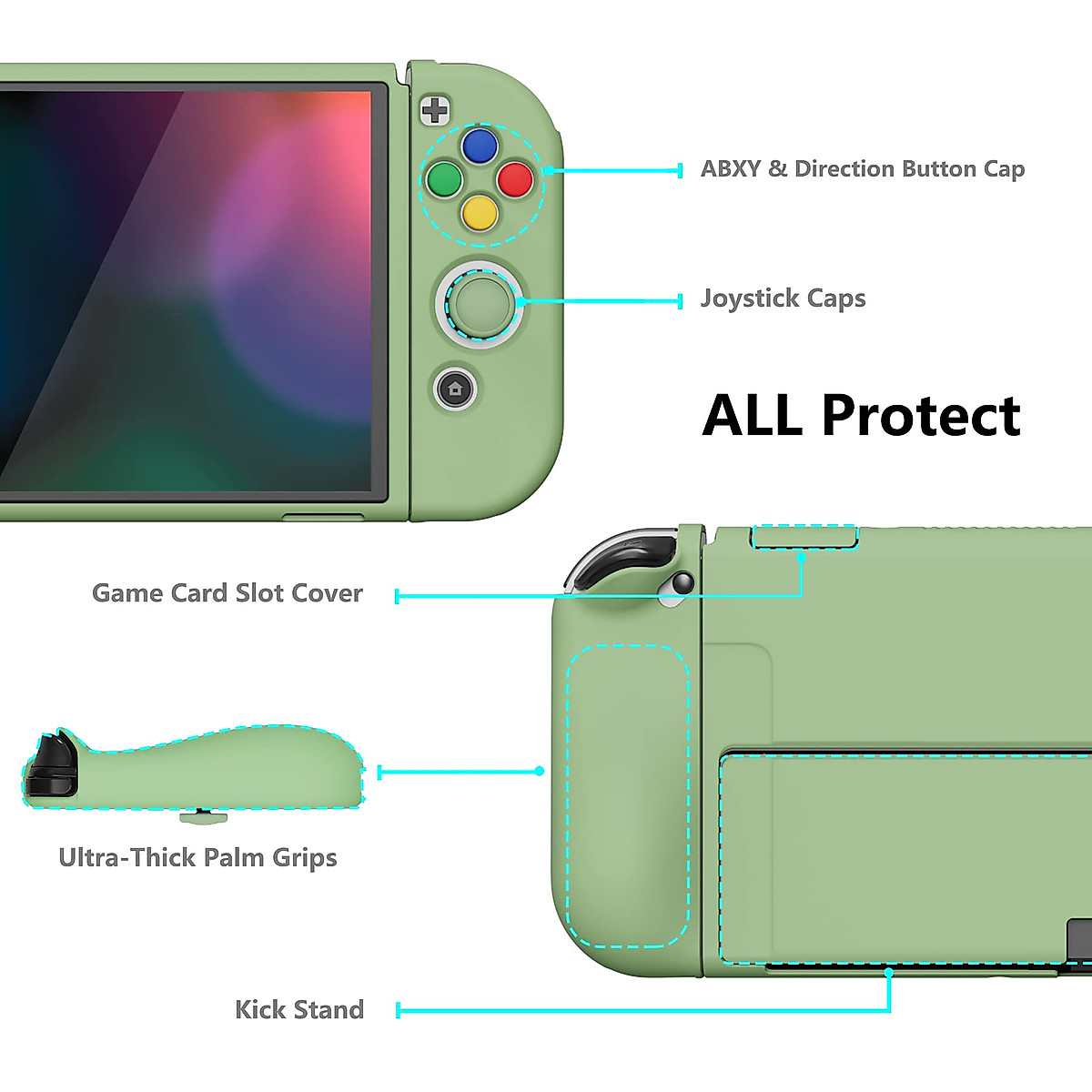 PlayVital ZealProtect Soft Protective Case for Nintendo Switch OLED, Flexible Protector Joycon Grip Cover for Nintendo Switch OLED with Thumb Grip Caps & ABXY Direction Button Caps - Matcha Green