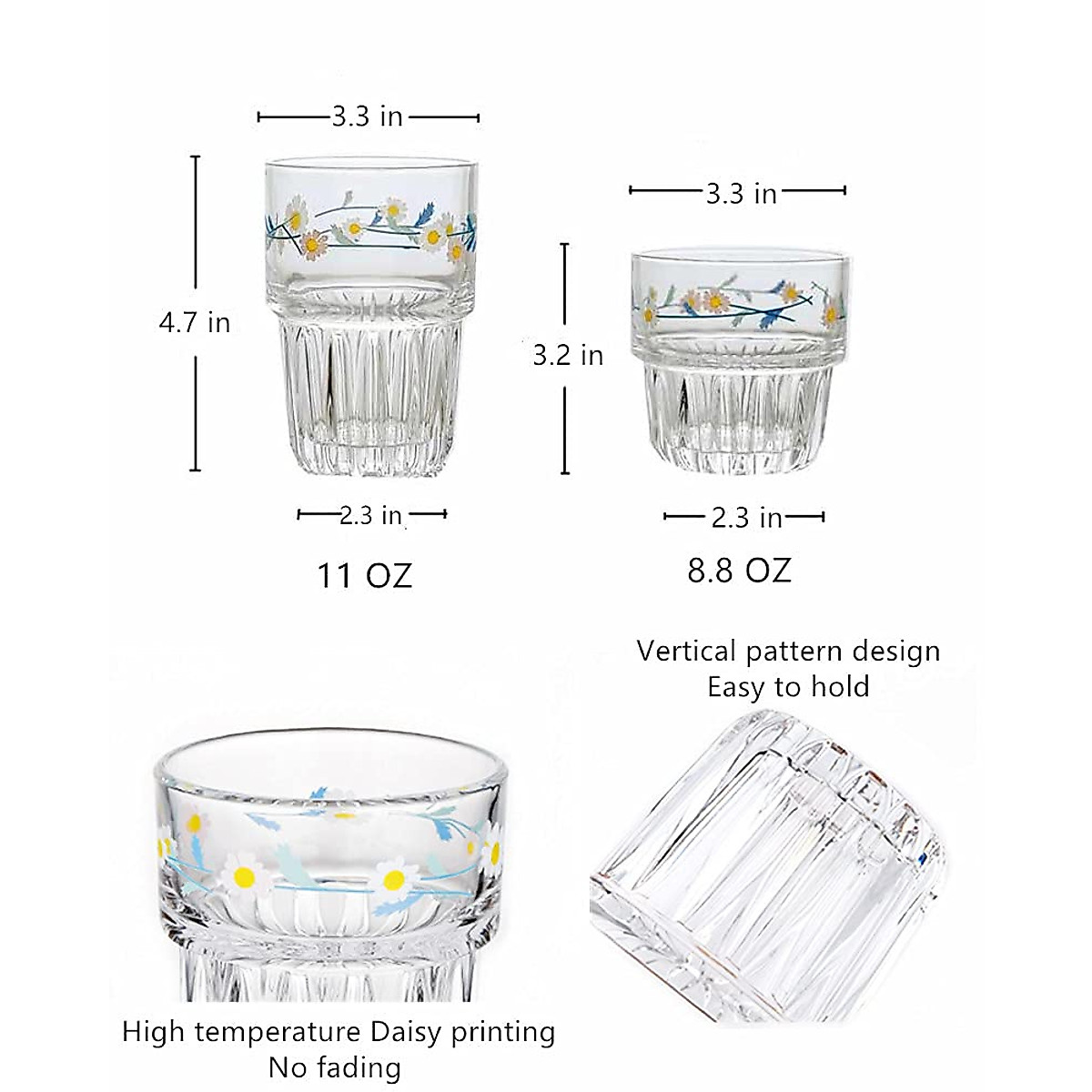 yaocoral Set of 2 Daisy Glass Coffee Cup Cute Drinking Glasses Stackable Daisy Glass Cups for Juice,Iced Coffee,Milk,Tea,Dessert,Flower Glassware Drinkware Set(blue)