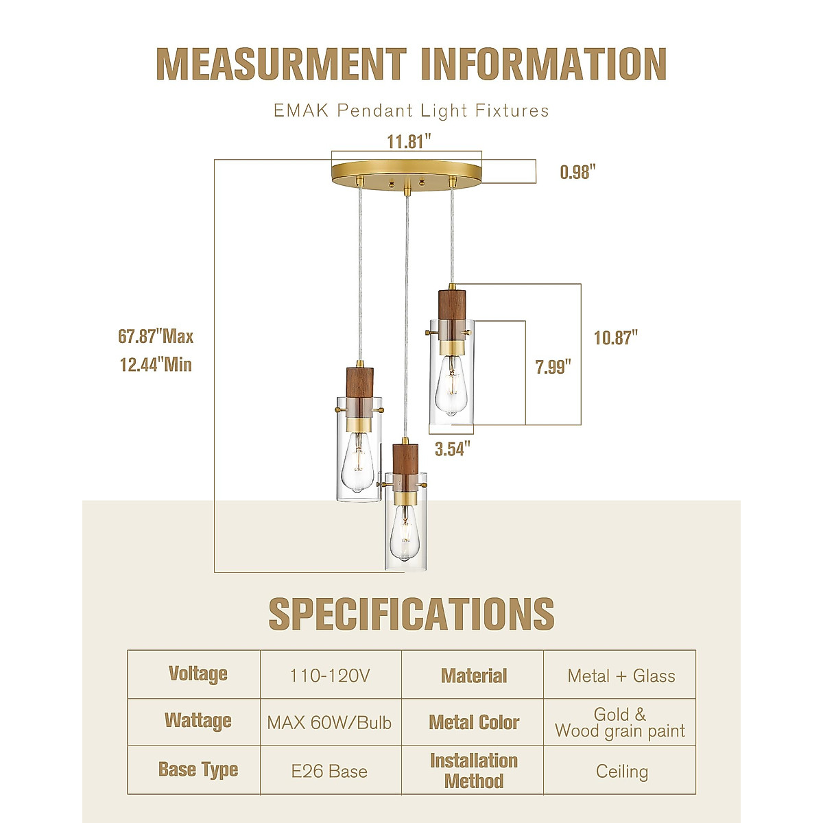 Emak Gold Pendant Light Fixtures, 3-Light Pendant Lights with Clear Glass Shade, Modern Farmhouse Hanging Lights for Kitchen Island, Dining Room, Bathroom, Bedroom, PL120-GD-CL