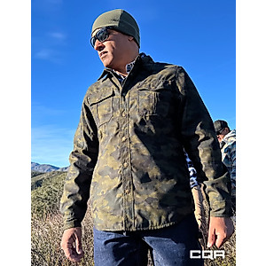 CQR Men's Flannel Lined Shirt Jackets, Long Sleeved Rugged Plaid Cotton Brushed Suede Shirt Jacket, Flannel Print Lined Camo Olive, X-Small