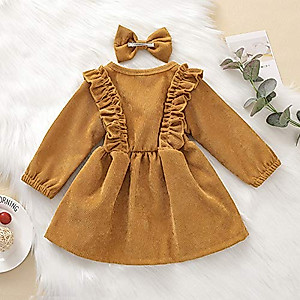 YQYJA Toddler Baby Girls Fall Winter Corduroy Ruffle Long Sleeve Dress Headband Kids Dresses (Mustard Yellow, 6-12 Months)