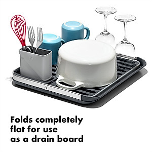 OXO Good Grips Aluminum Fold Flat Dish Drying Rack, 2-Tier, with Drainboard, for Kitchen Counter, Collapsible