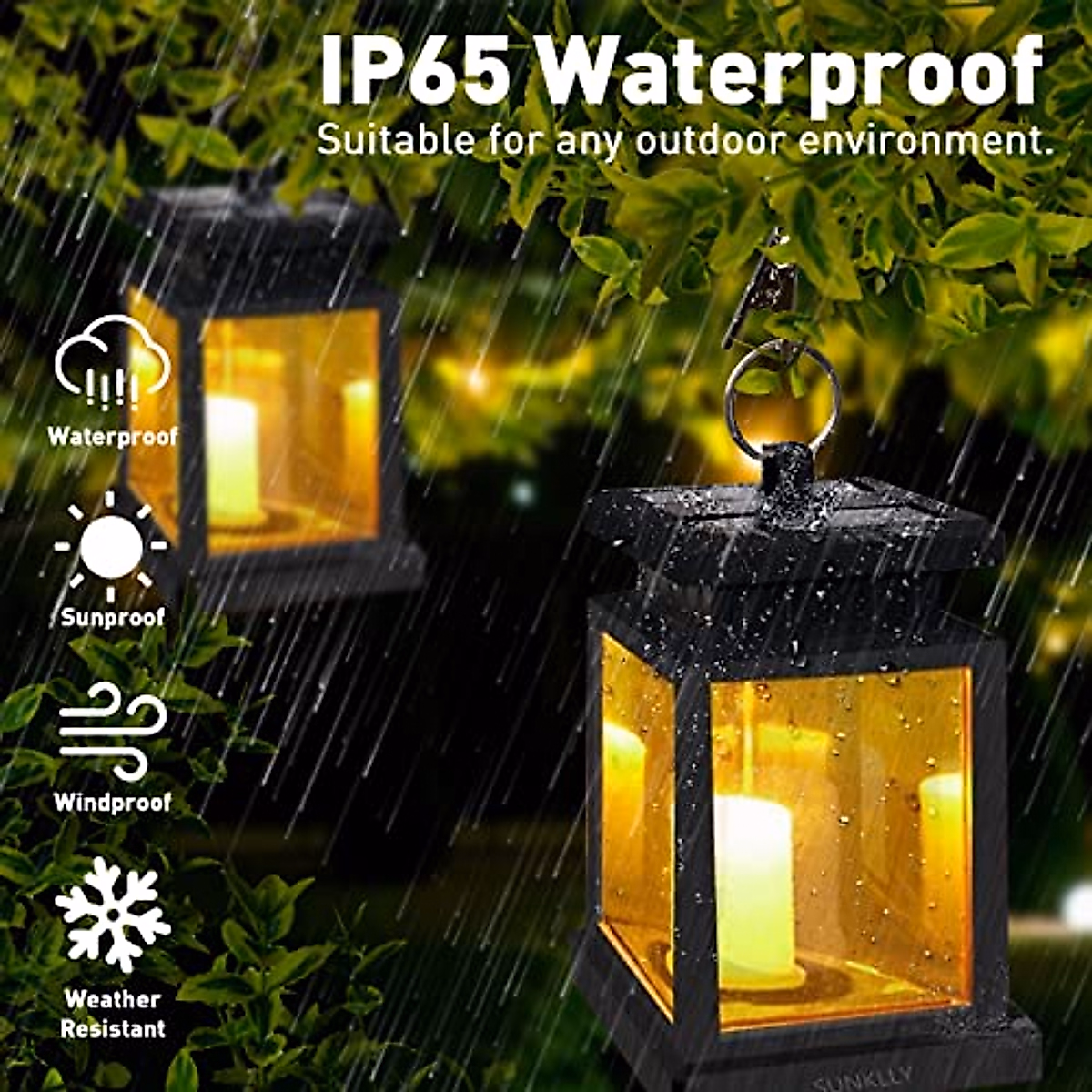 Sunklly Hanging Solar Lanterns Outdoor - 4 Pack Solar Candle Flickering Lights Waterproof Led Hanging Solar Lanterns Lights for Garden, Patio, Umbrella, Tent, Tree, Yard, Deck, Camping (Warm Light)