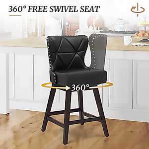 Cozyman Counter Height Bar Stools Set of 2, 26" H Swivel Bar Stool with Back, Faux Leather Counter Stool, Solid Wood Legs, Retro Upholstered Barstools for Kitchen Island, Home Bar, Pub, Black