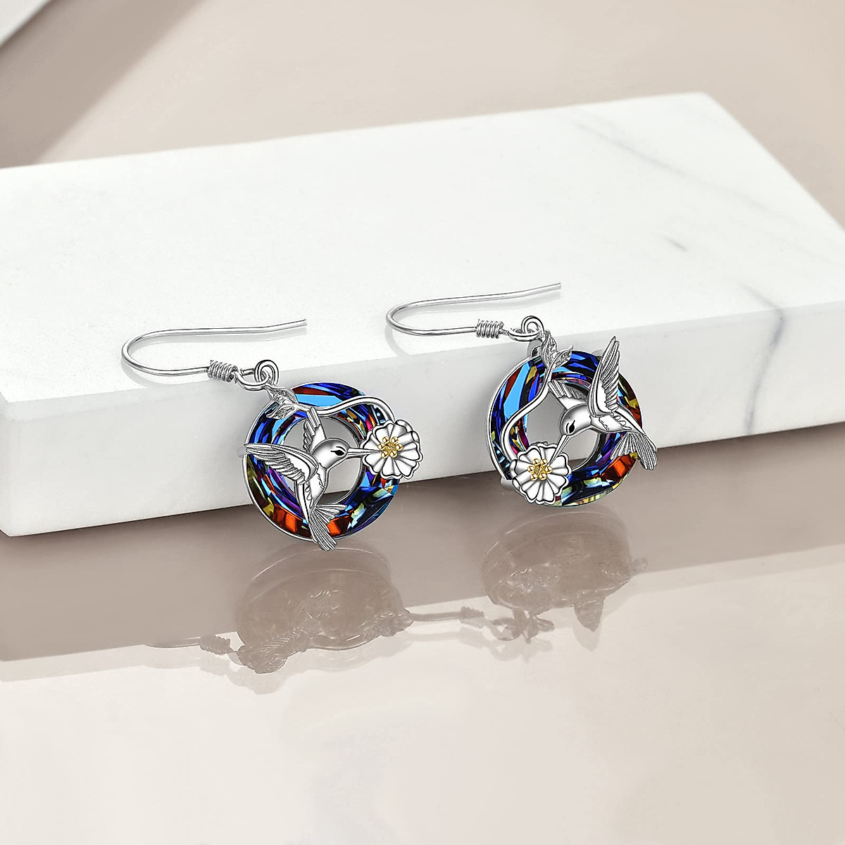 POPLYKE Hummingbird Earrings for Women Sterling Silver Hummingbird Bird Daisy Flower Dangle Drop Earrings with Volcano Circle Crystal Gifts(volcano)