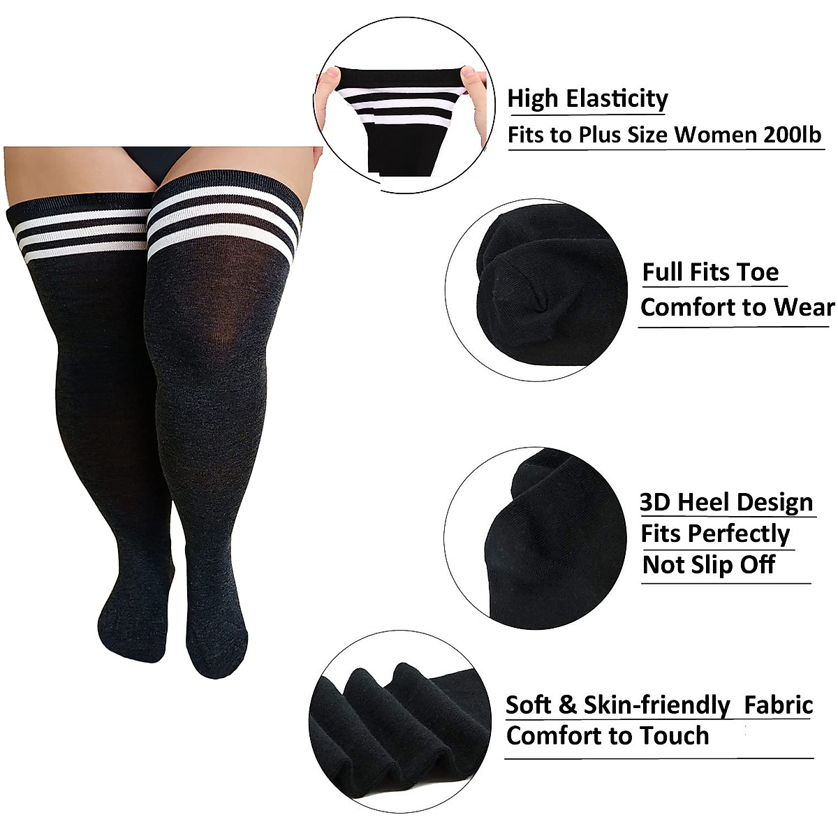 YELAIVP Women's Plus Size Thigh High Socks Extra Large Stripe Over Knee High Stockings for Women