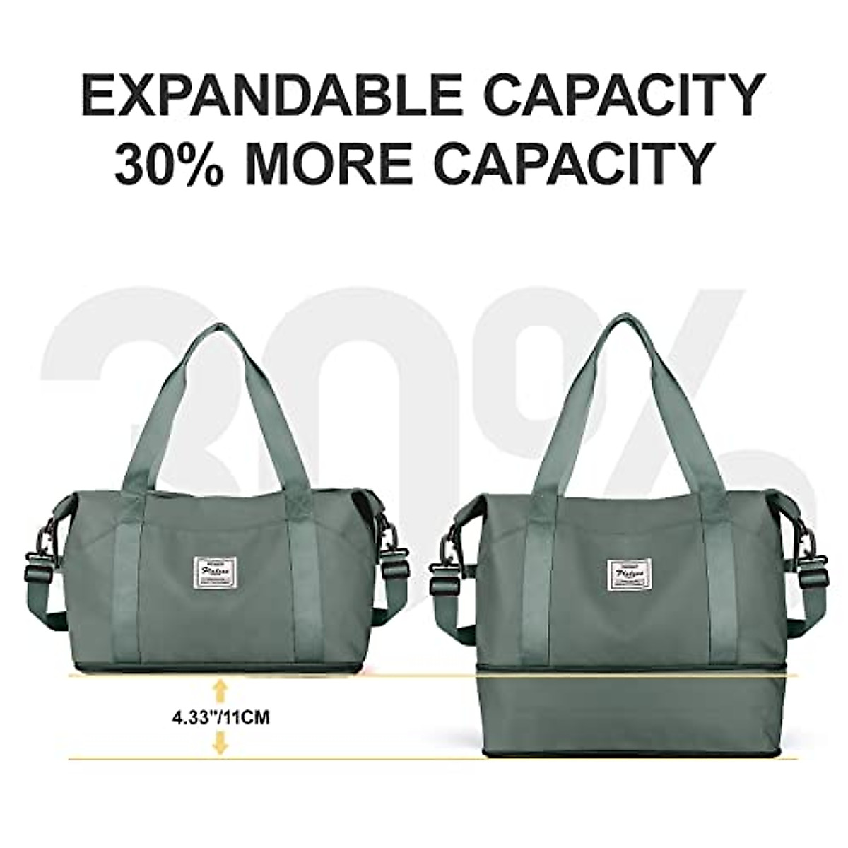 Travel Bag,Waterproof Duffel Gym Tote Bag with Toiletries Bag,Weekender Carry On Overnight Bags for Women with Trolley Sleeve Wet Pocket,Duffel Hospital Bag, Green Set