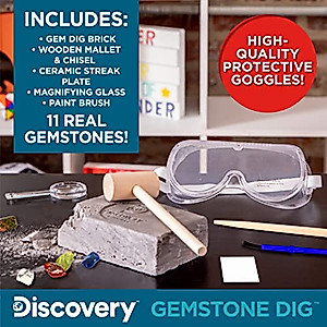 Discovery Kids Gemstone Dig Stem Science Kit by Horizon Group Usa, Excavate, Dig & Reveal 11 Real Gemstones, Includes Goggles, Excavation Tools, Streak Plate, Magnifying Glass & More