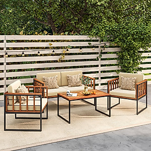 Tangkula Acacia Wood Outdoor Sofa Set, 4 Pieces Outdoor Furniture Set with Heavy Duty Metal Frame, Soft Seat & Back Cushions, for Balcony, Porch, Backyard or Poolside (1, Beige)