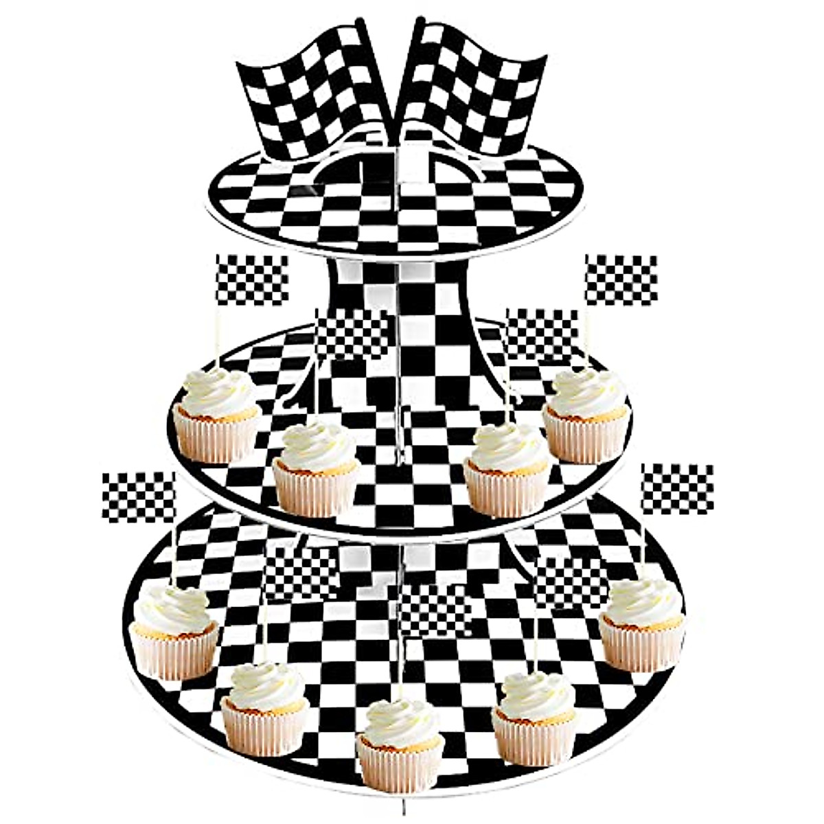 3-Tier Racing Car Theme Cardboard Cupcake Stand/Tower Black and White Checkered Cupcake Stand,24Pcs Racing Flag Cupcake Toppers,Racing Car Party Supplies Black and White Checkered Birthday Party Decor