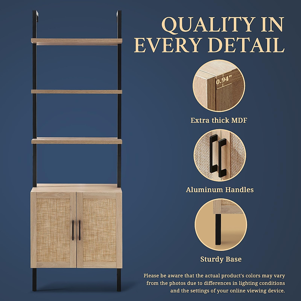 OAKHAM HOME 5 Tier Book Shelf, 73" Tall Bookshelf with Storage, Modern Bookcase with Shelves, Wall Mount Ladder Shelf with Steel Frame, Bookshelves with Rattan Cabinet for Living Room (Weathered Oak)