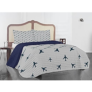 Ambesonne Airplane Microfiber Bedspread Set, Diagonal Stripes Travel Silhouettes Vacation Aviation, Soft Bedding Set with Pillow Shams & Comforter, King Size, Petrol Blue Black White