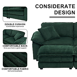 ONEMMLION 84.6" Modular Sectional Sofa Oversized Loveseat, Modern Upholstered Cloud Couch with 2 Ottoman, Comfy Corduroy Deep Seat Sleeper Sofa for Living Room, Small Space, Green