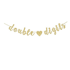 Double Digits Gold Gliter Paper Banner, Fun 10th Birthday Party Sign Garlands Shiny Photo Backdrops Decorations