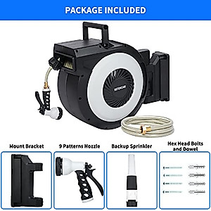 Heavy Duty Retractable Garden Hose Reel by BSTOKCAM, 100 ft Wall Mount Water Hose Reels Outdoor Organizer- Self winding Hose Reel Automatic Recoil Storage, Include Sprayer & Nozzle
