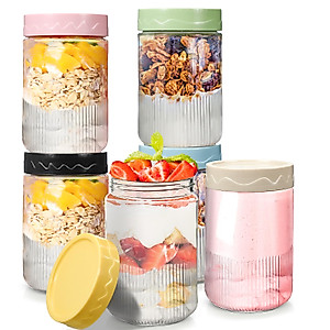 Dandat 6 Pcs Overnight Oats Container with Lid Overnight Oats Jars Glass Airtight Mason Jars Colorful Overnight Oatmeal Storage Container Fresh and Long Lasting for Milk Cereal (16.9 oz)