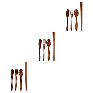 3 Sets Spoon Fork Chopsticks Wooden Spoons for Eating Wooden Flatware Wood Chopsticks Wooden Tableware Wooden Silverware Wood Dinnerware Wooden Fork Wood Spoon Wood Fork