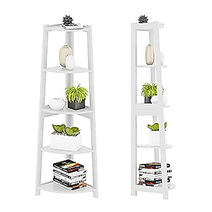VIVIJASON 5 Tier Corner Shelf – Modern Wall Corner Storage Rack Plant Stand Small Bookshelf - Freestanding Ladder Shelf Display Organizer for Living Room, Kitchen, Home Office, Small Space (White)