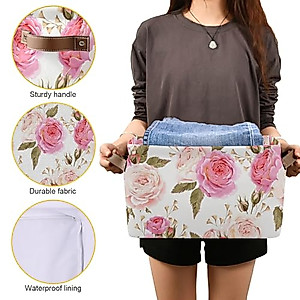 susiyo Large Foldable Storage Bin Floral Pink Roses Fabric Storage Baskets Collapsible Decorative Baskets Organizing Basket Bin with PU Handles for Shelves Home Closet Bedroom Living Room-1Pack