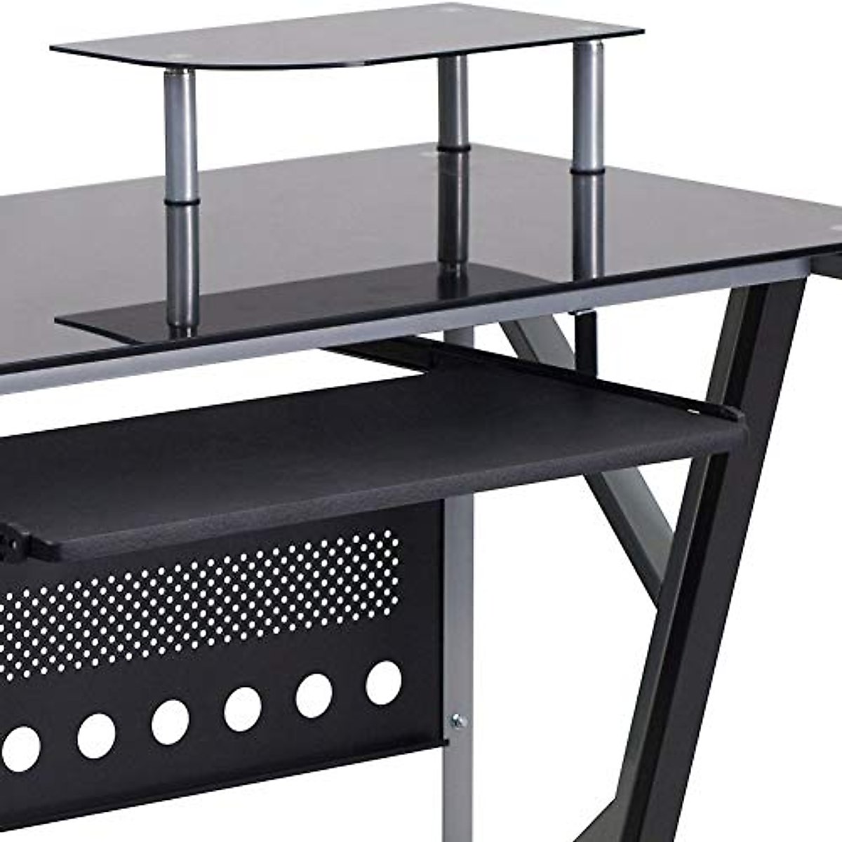 Flash Furniture Singleton Black Glass Computer Desk with Pull-Out Keyboard Tray and CPU Cart
