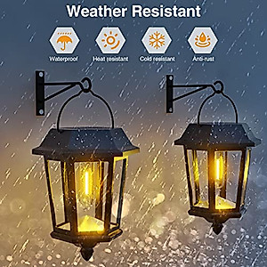 2 Pack Solar Lanterns Outdoor Waterproof Hanging Lights, Metal Solar Hanging Lanterns Outdoor with Clear Glass & Hook, Anti-Rust LED Solar Wall Lantern Sconce Light Fixture for Garden, Porch, Fence