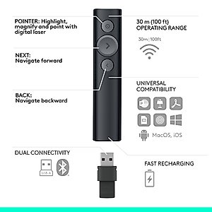 Logitech Spotlight Presentation Remote - Advanced Digital Highlighting with Bluetooth, Universal Presenter Clicker, 30M Range and Quick Charging – Black